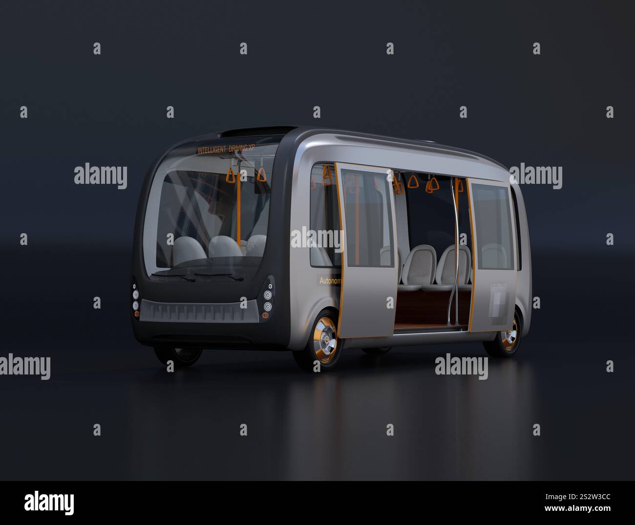 Image of an automated bus with doors open on a black background Stock ...