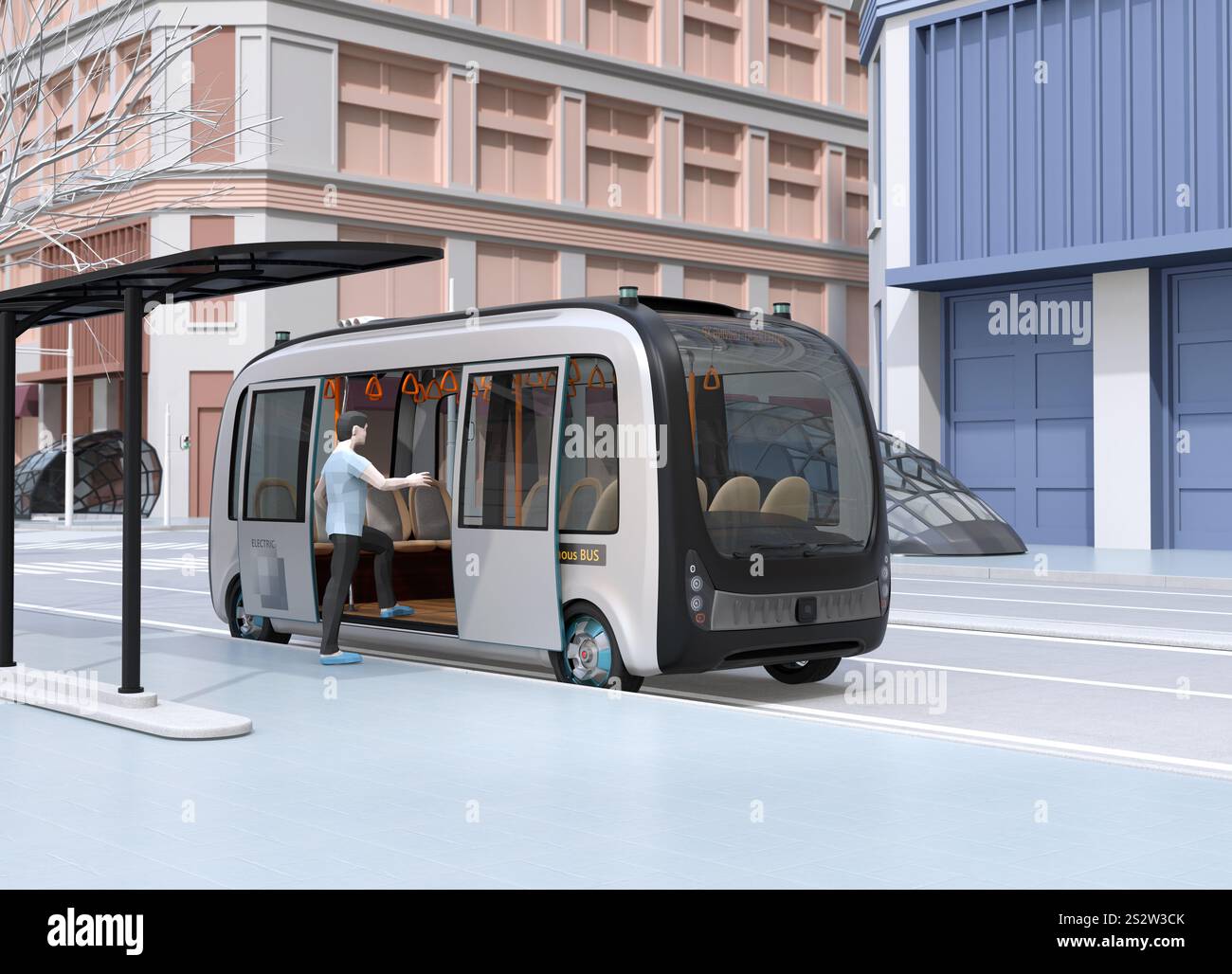 Image of a man boarding an automated bus at a bus stop Stock Photo - Alamy