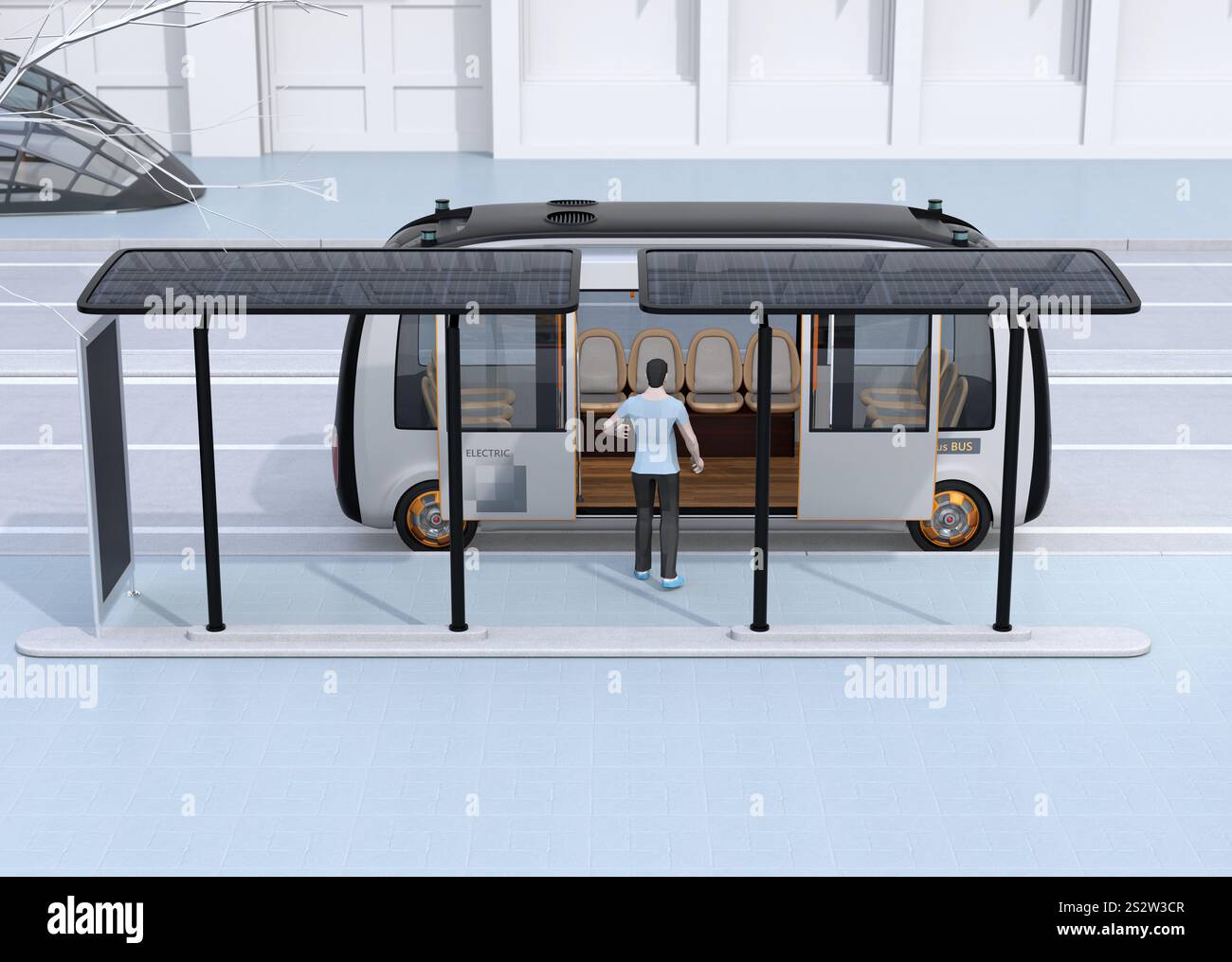 Image of a man boarding an automated bus at a bus stop Stock Photo - Alamy