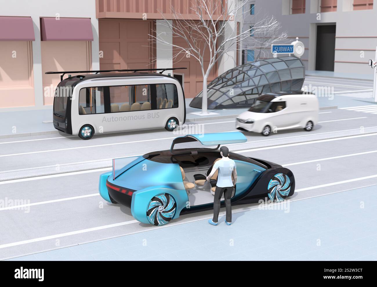 A man who booked a rideshare on his smartphone gets on the bus. Self ...