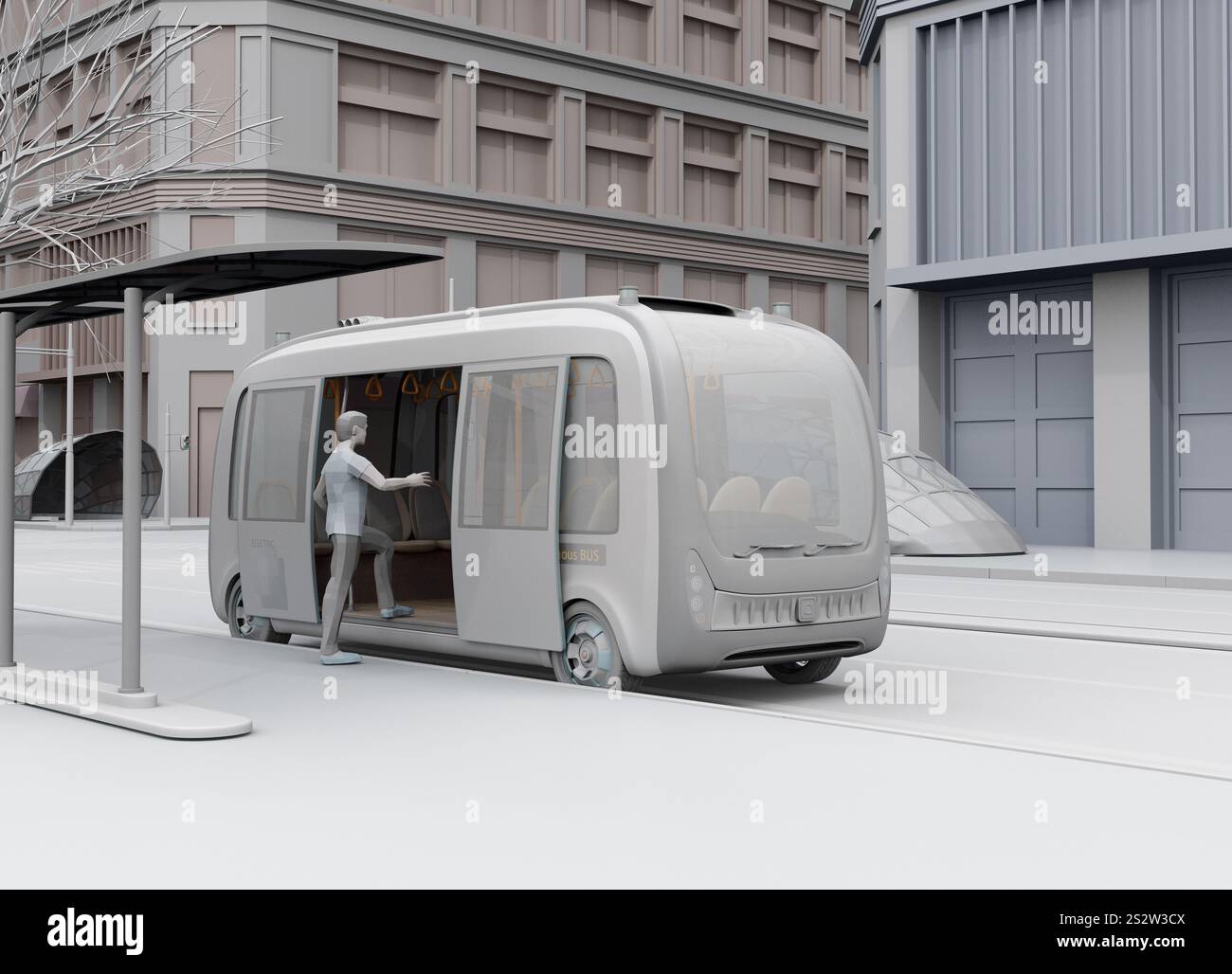 Clay rendering image of a man boarding an automated bus at a bus stop ...