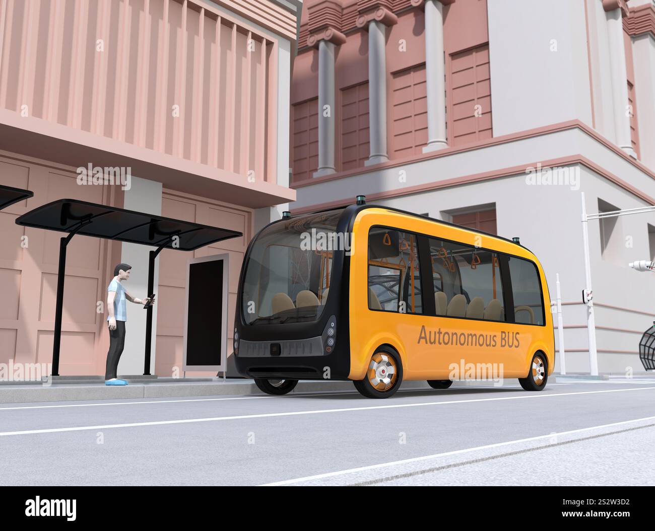 Image of an automated bus picking up a passenger at a bus stop after ...