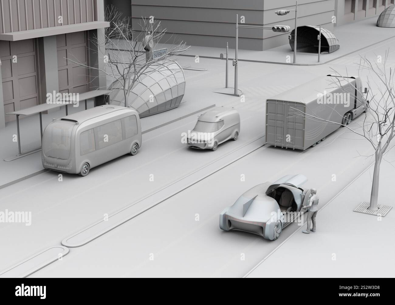 Clay rendered image of an automated bus parked at a bus stop near an ...