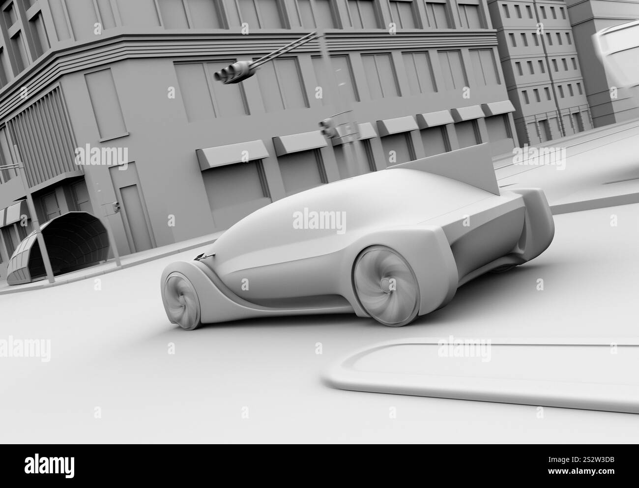 Clay rendering image of an automated sedan passing through an ...