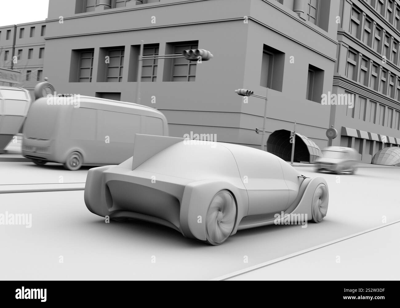 Clay rendering image of an automated sedan passing through an ...
