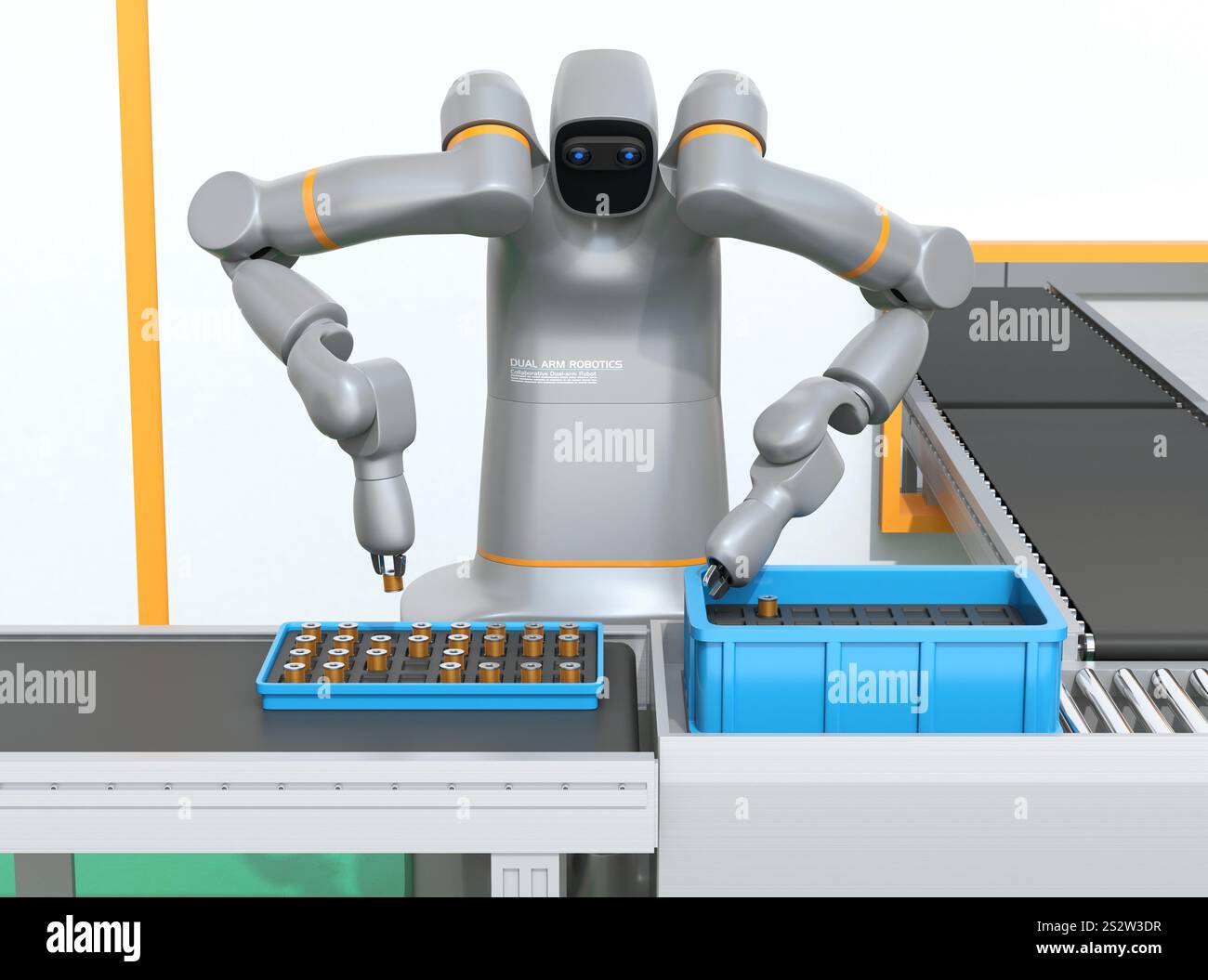 Frontal image of a twin-armed robot assembling motor coils. Cooperative ...