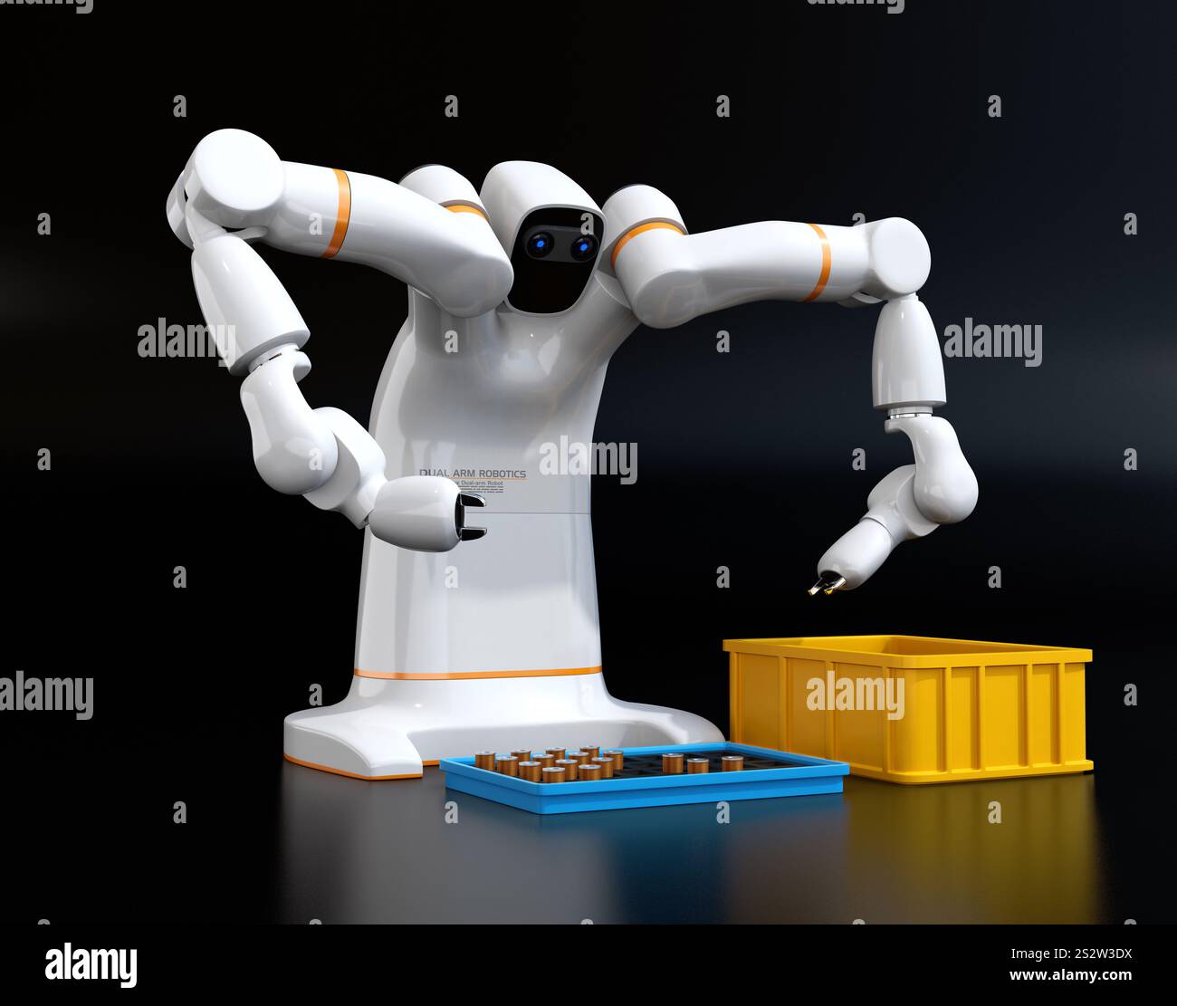 Image of an articulated twin-armed robot with black background. Concept ...