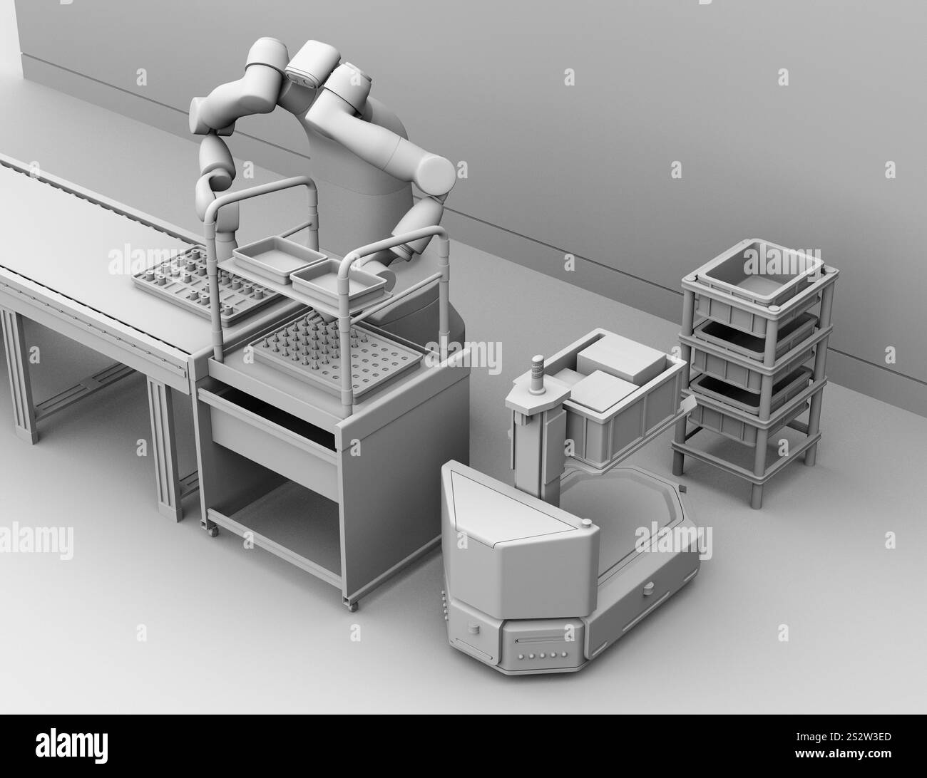 Clay rendering image of a twin-armed robot assembling a motor. Concept ...