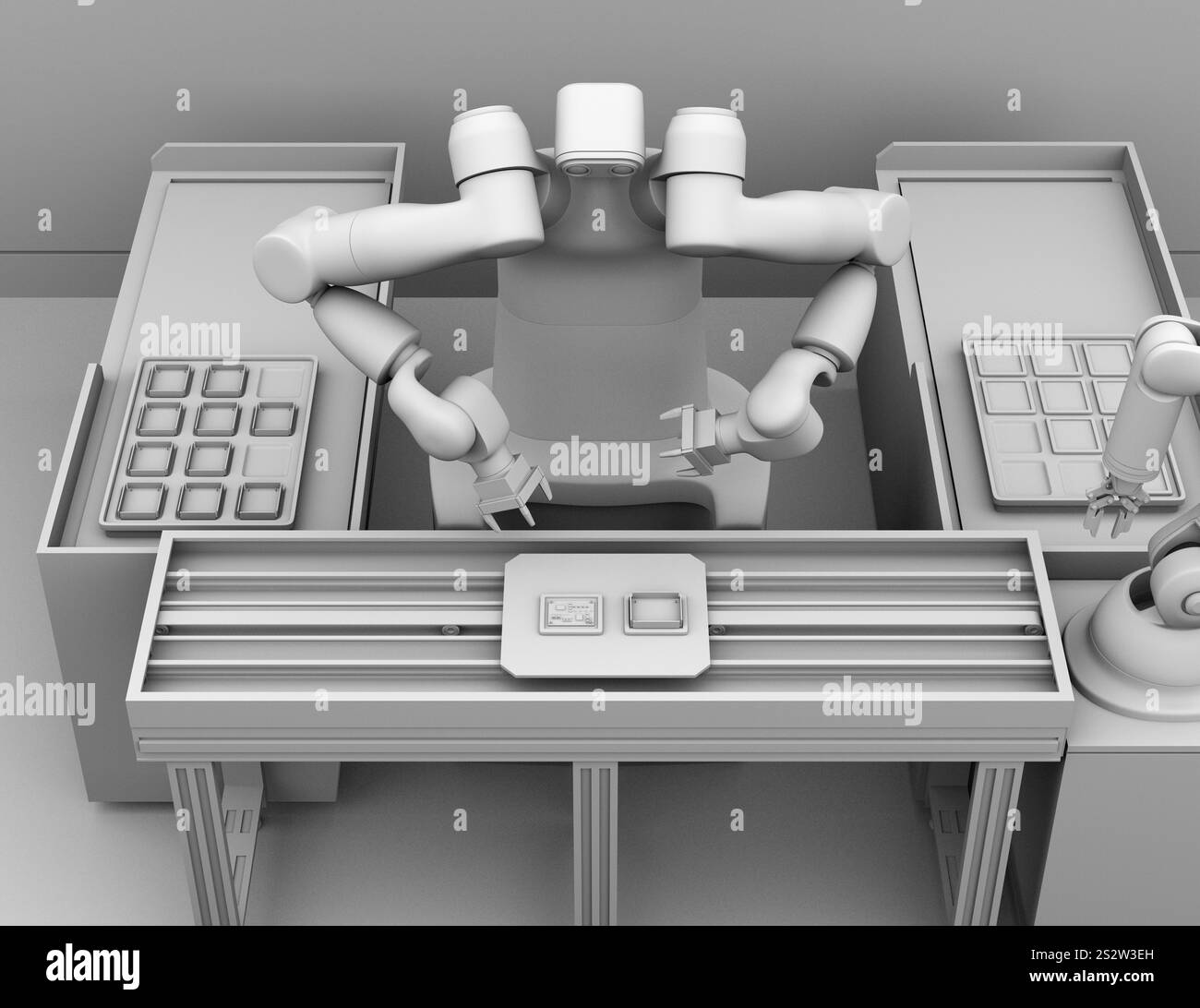 Clay rendered image of a dual-armed robot assembling circuit boards ...