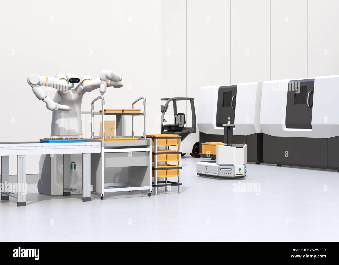 Smart factory with cooperative twin-arm robots, AGV AGVs, machining ...