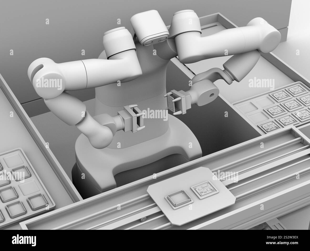 Clay rendering image of a twin-armed robot assembling a circuit board ...