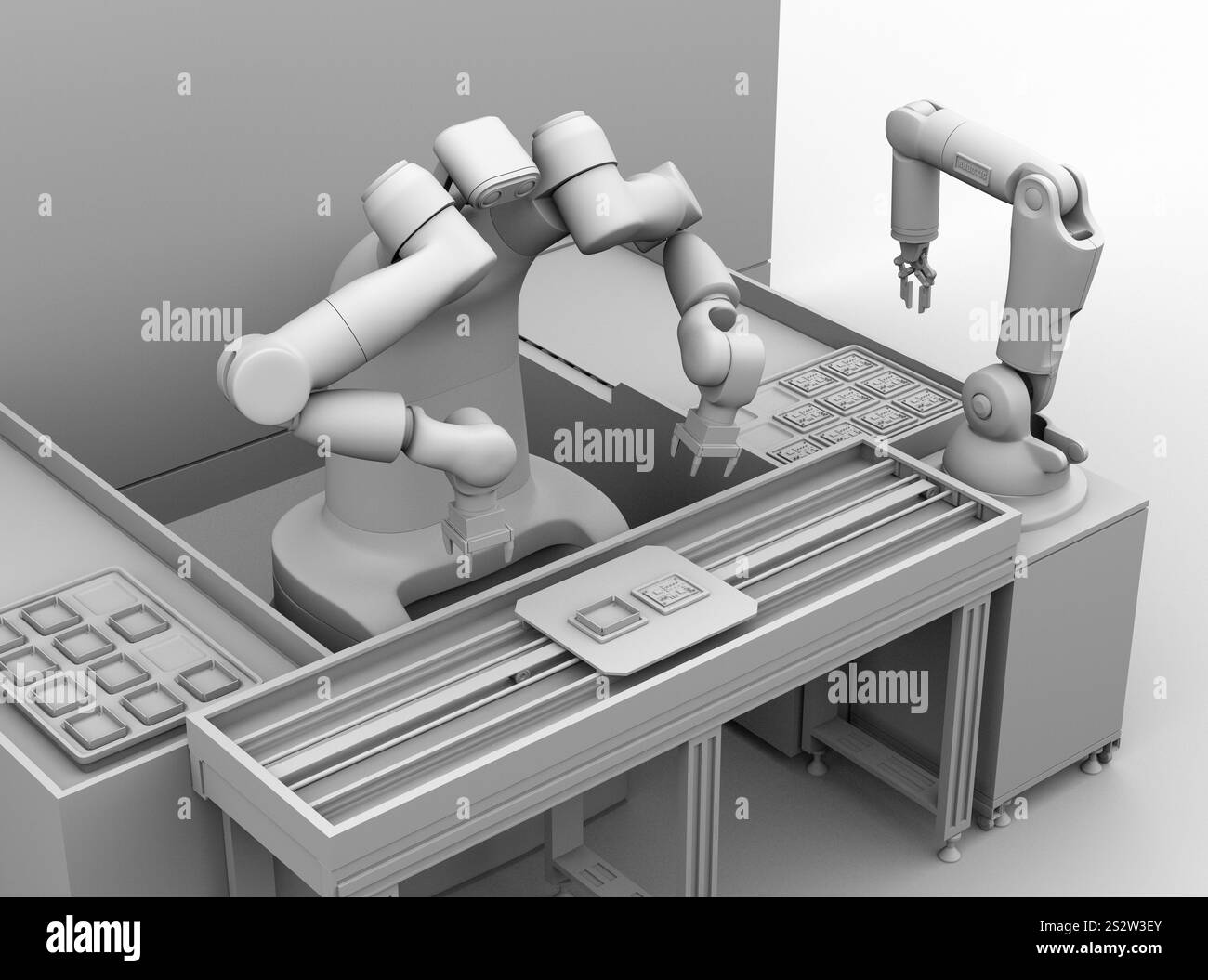 Clay rendered image of a dual-armed robot assembling circuit boards ...