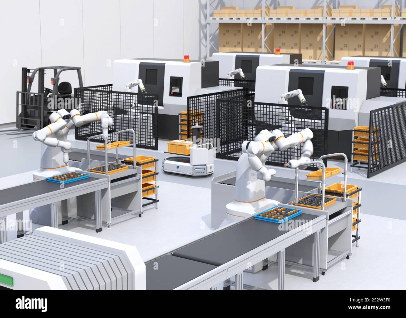 Smart factory with cooperative twin-arm robots, AGV AGVs, machining ...