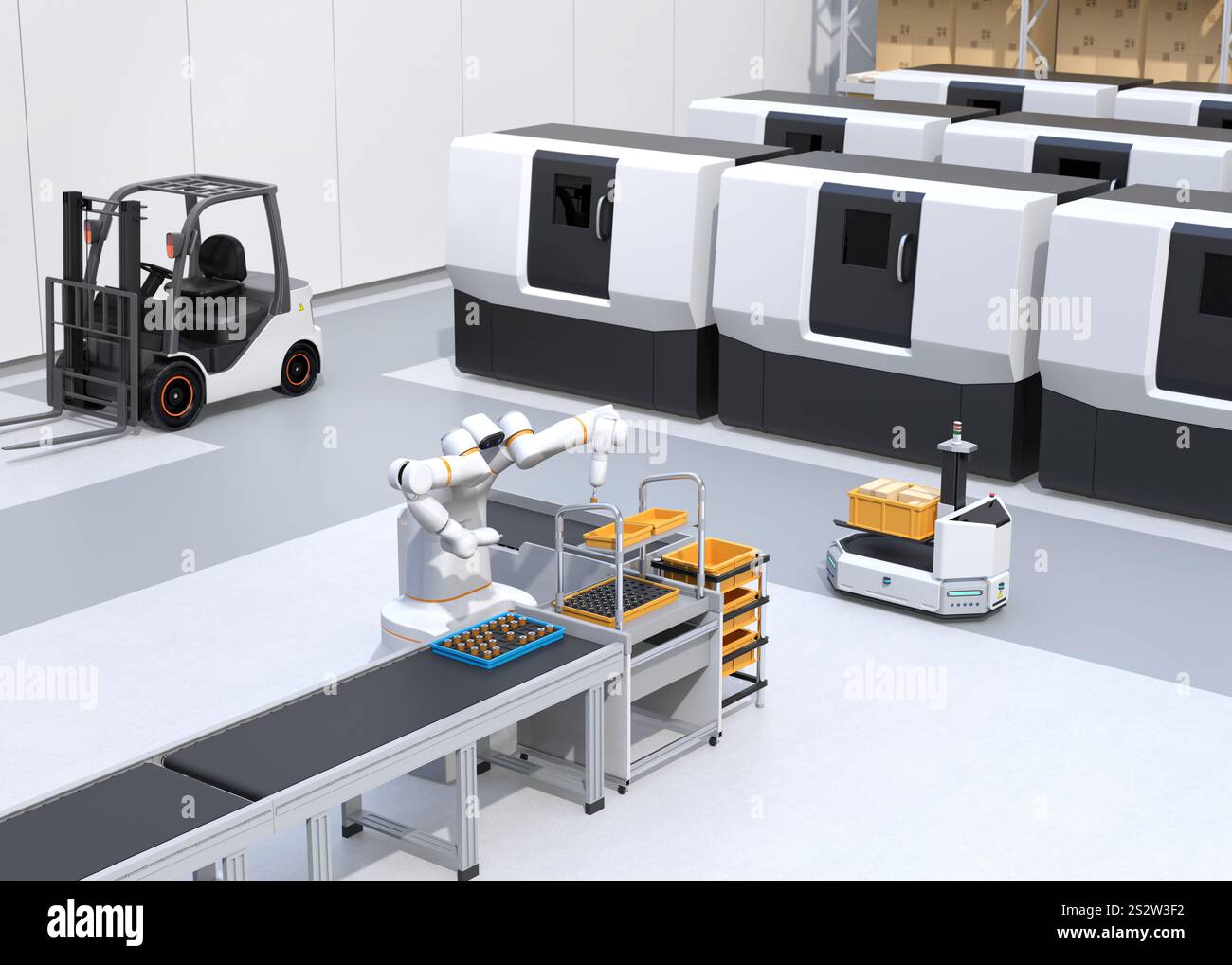Smart factory with cooperative twin-arm robots, AGV AGVs, machining ...