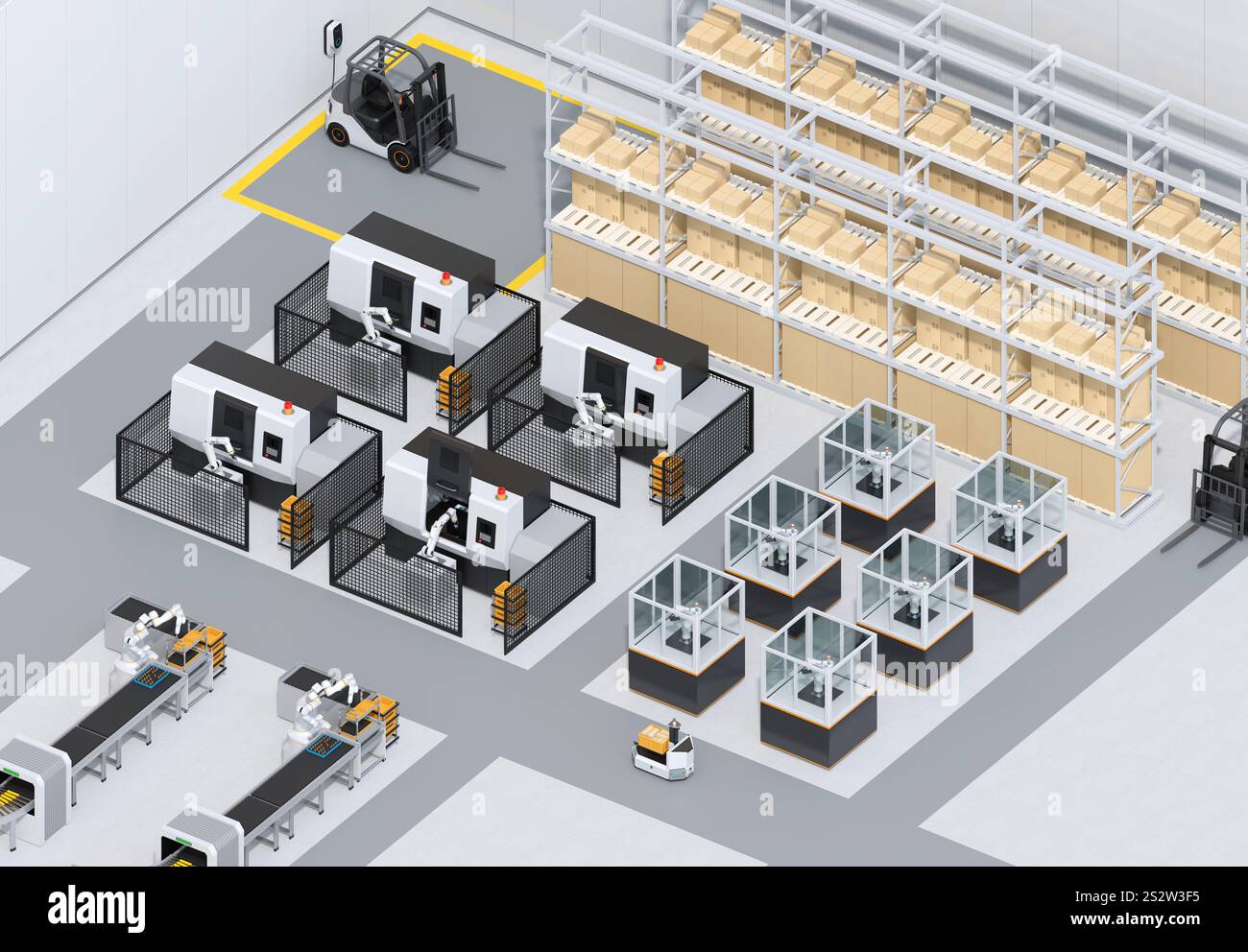 Isome image of a smart factory with a twin-armed robot, AGV AGVs and ...