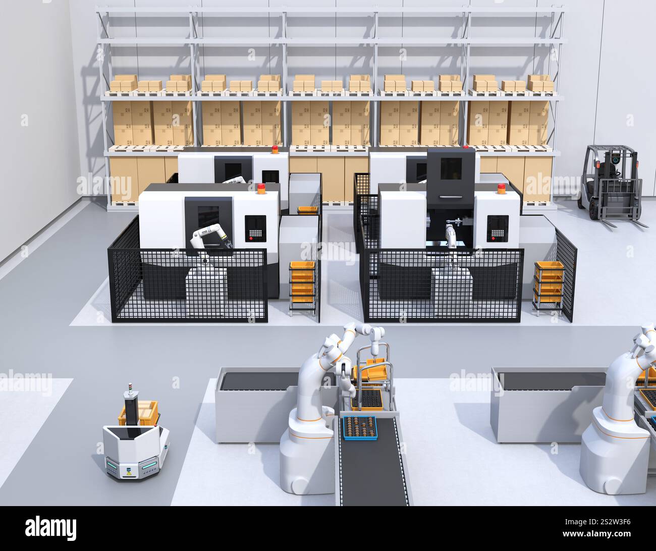 Smart factory with cooperative twin-arm robots, AGV AGVs, machining ...
