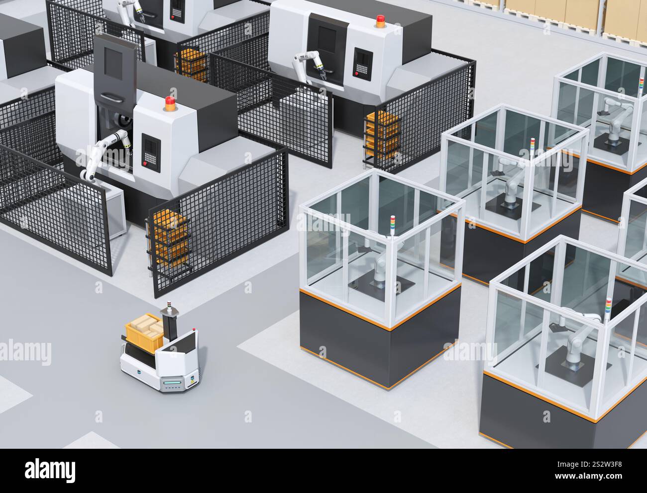 Concept image of a smart factory with AGV unmanned guided vehicles ...