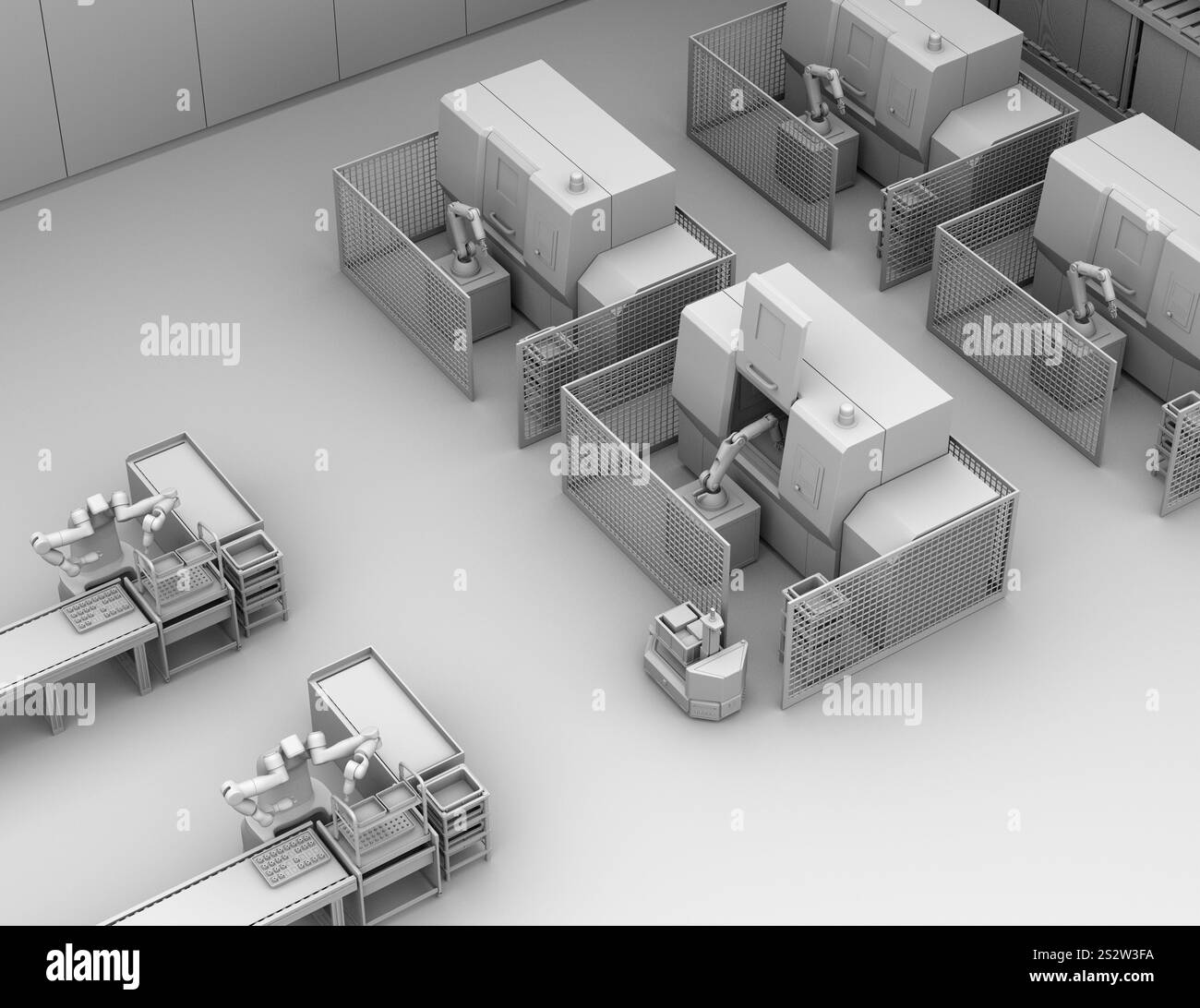 Clay rendering image of a smart factory with dual-arm robots, AGVs ...