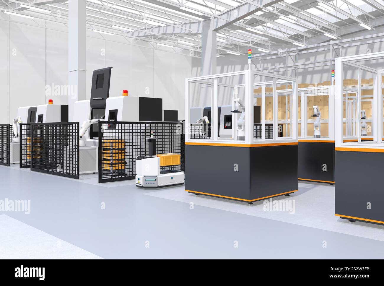 Concept image of a smart factory with AGV unmanned guided vehicles ...