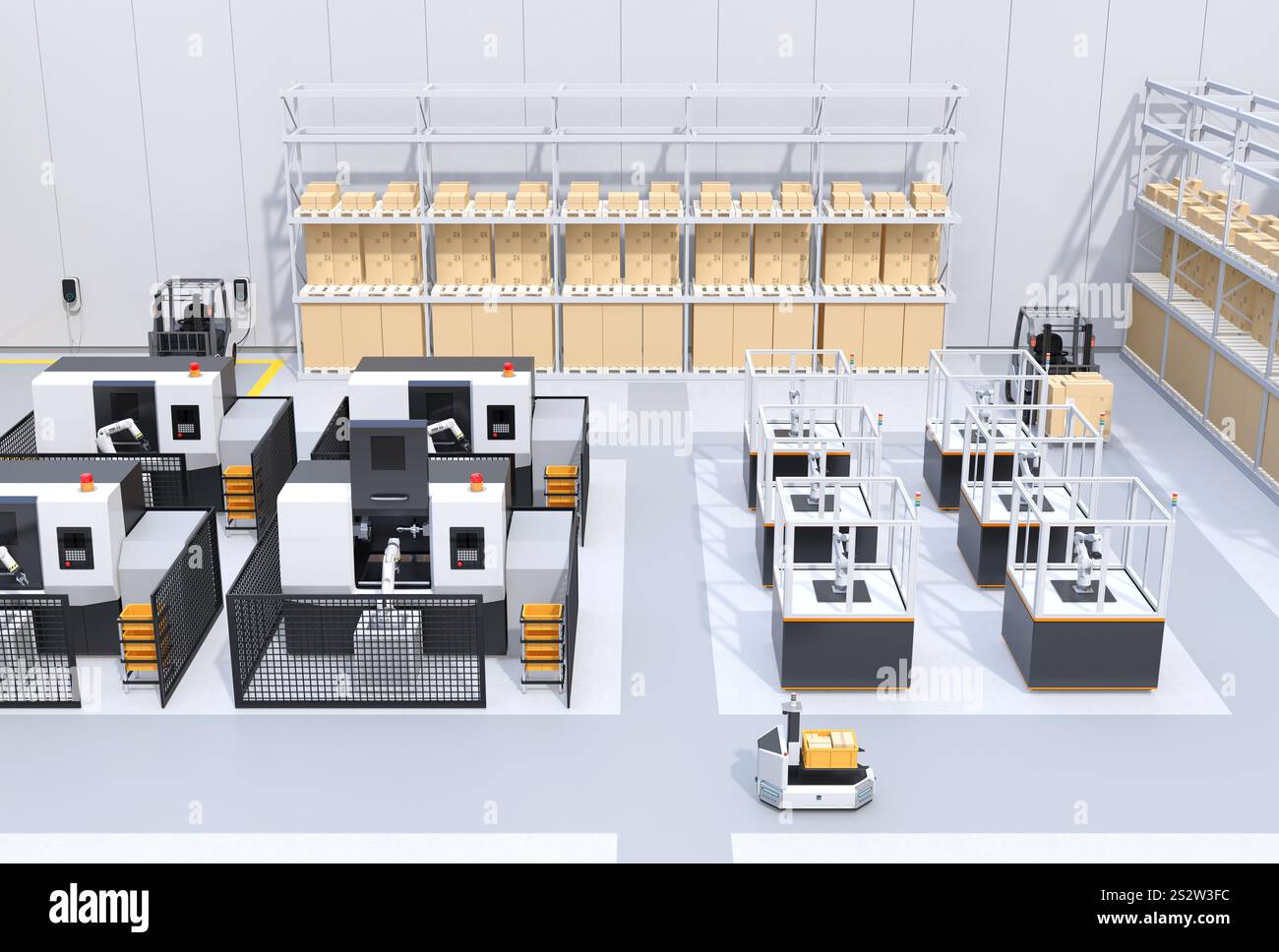 Concept image of a smart factory with AGV unmanned guided vehicles ...