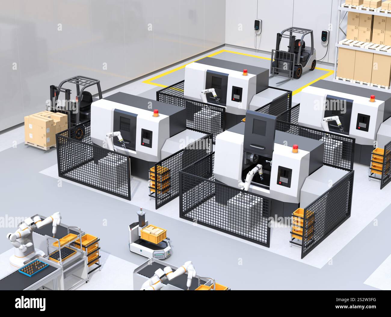 Smart factory with cooperative twin-arm robots, AGV AGVs, machining ...