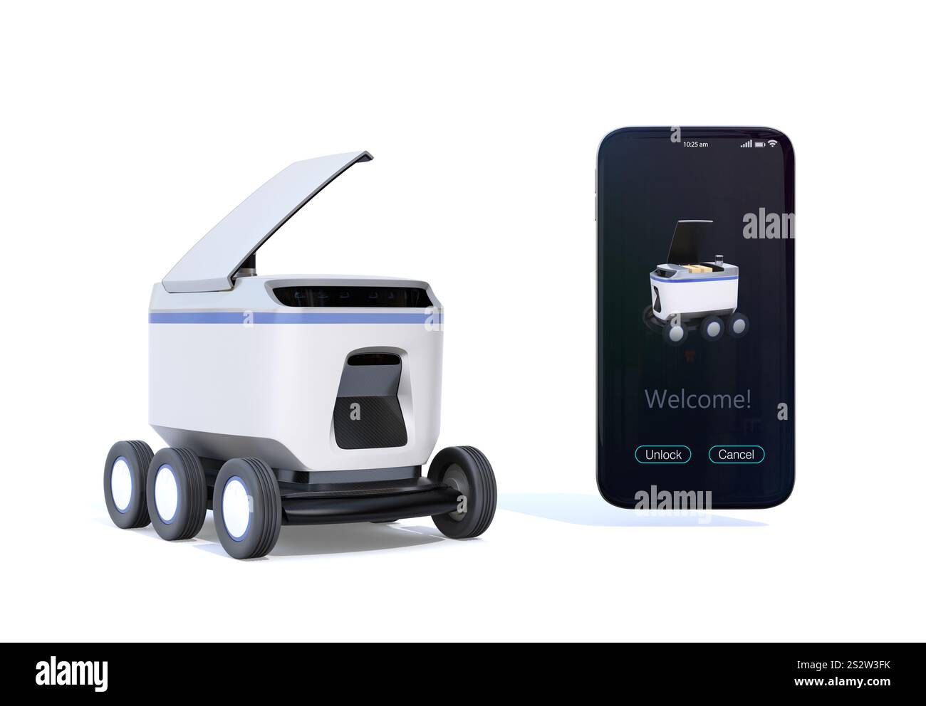 Smartphone and delivery robot image. The delivery application screen is ...