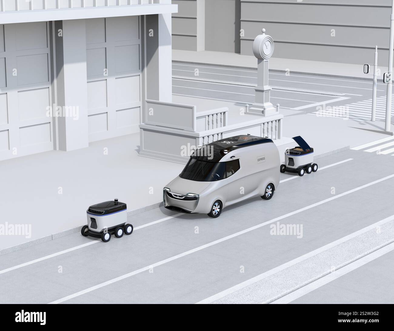 Image of a delivery vehicle and delivery robot in transit near an ...