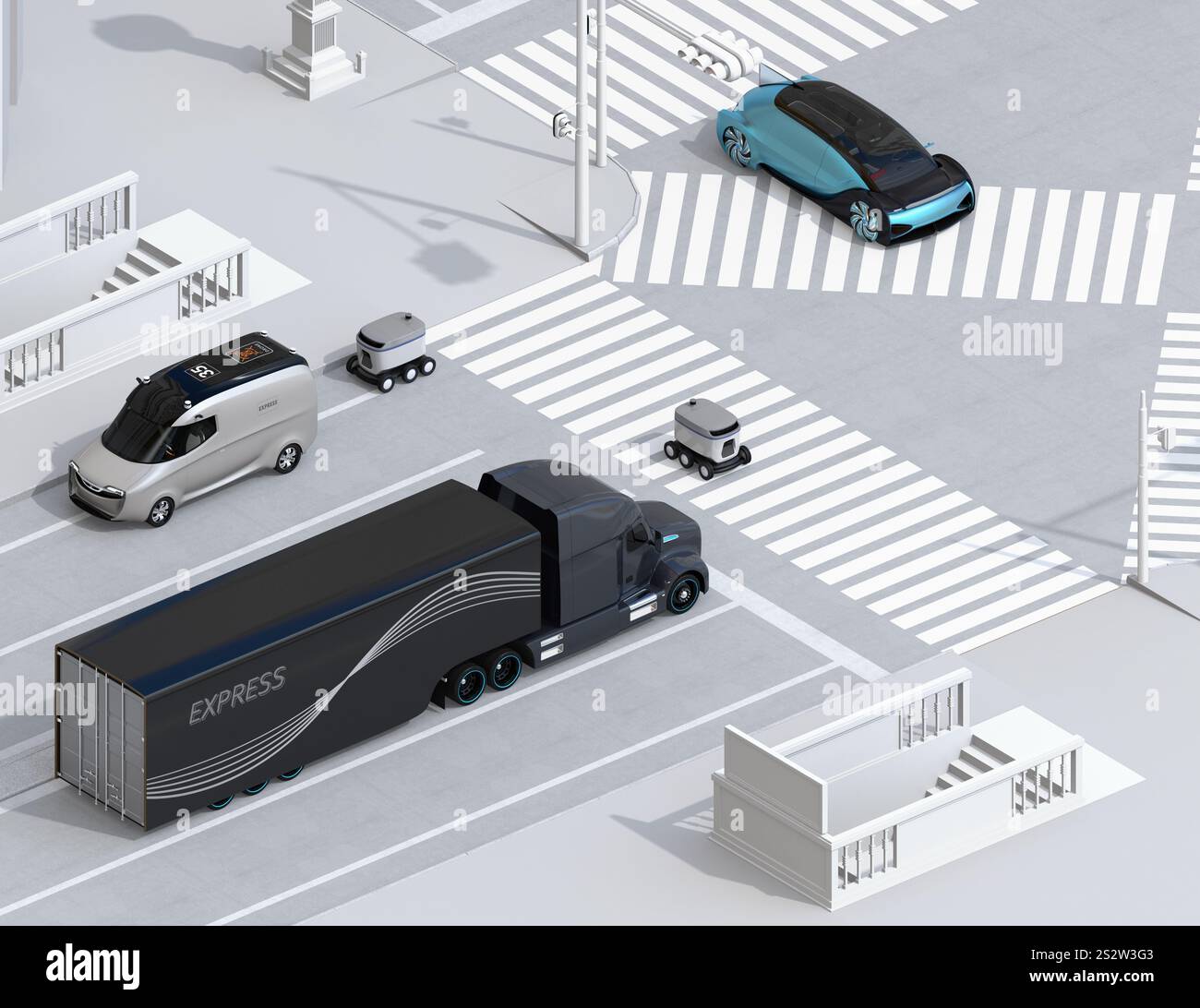 Isometric image of an automated vehicle and delivery robot travelling ...