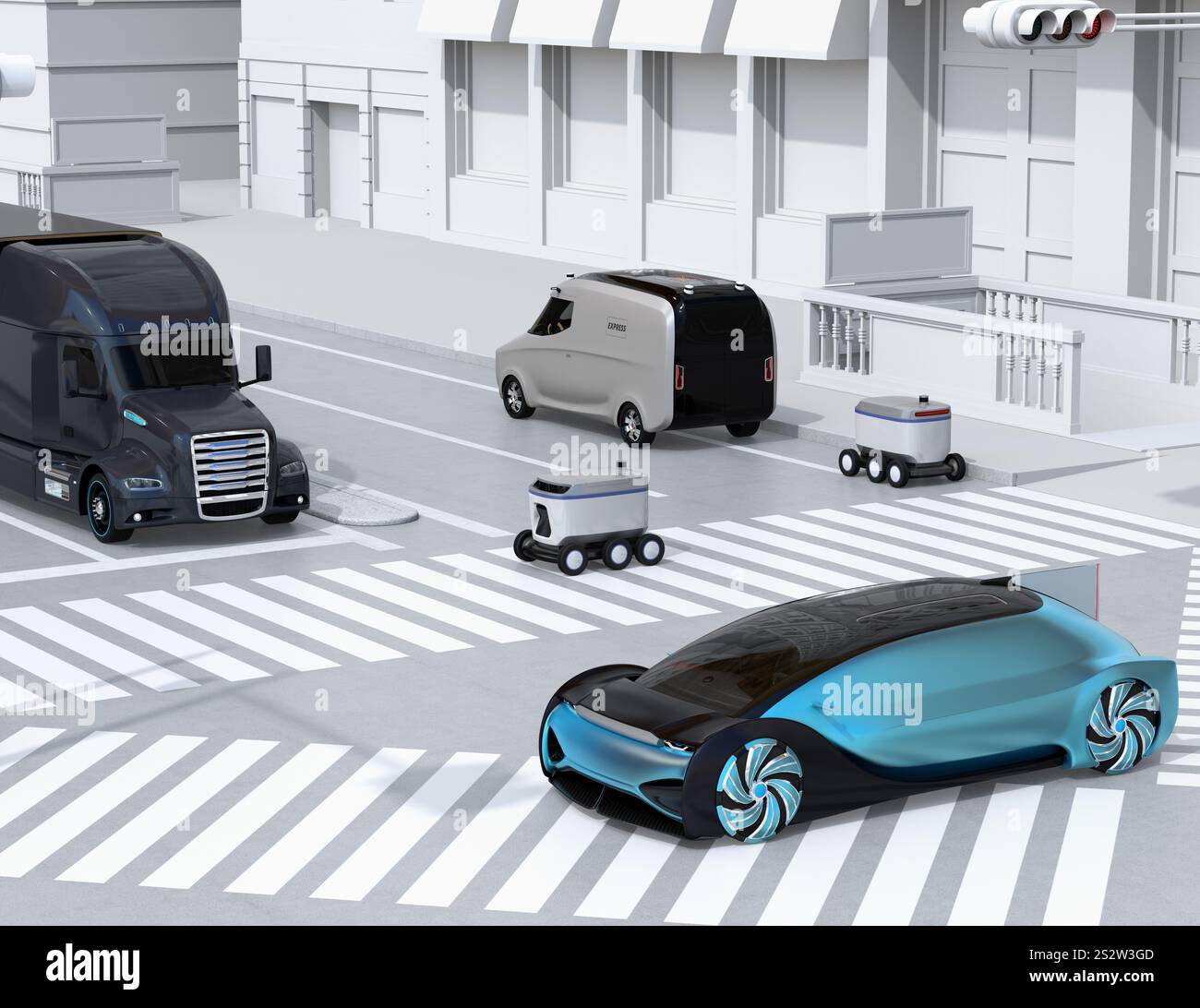 Clay rendered image of an automated vehicle and delivery robot passing ...