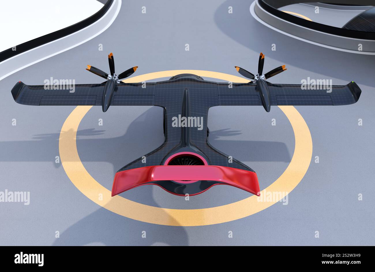 Image of a flying taxi with solar panels parked at the heliport. Short ...