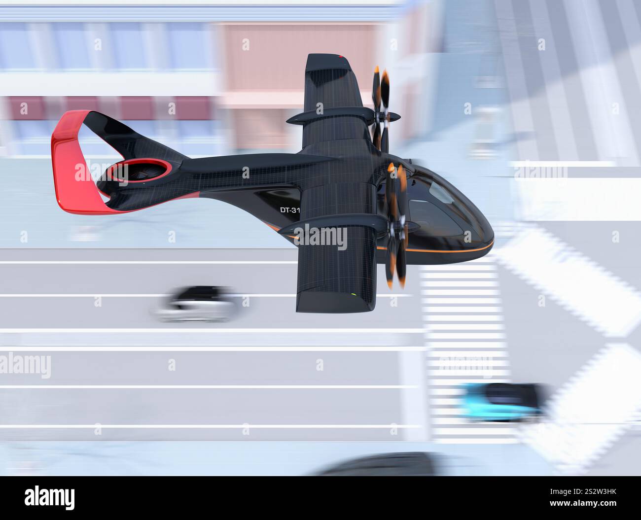 Image of a flying taxi passing over city streets. Short-distance ...