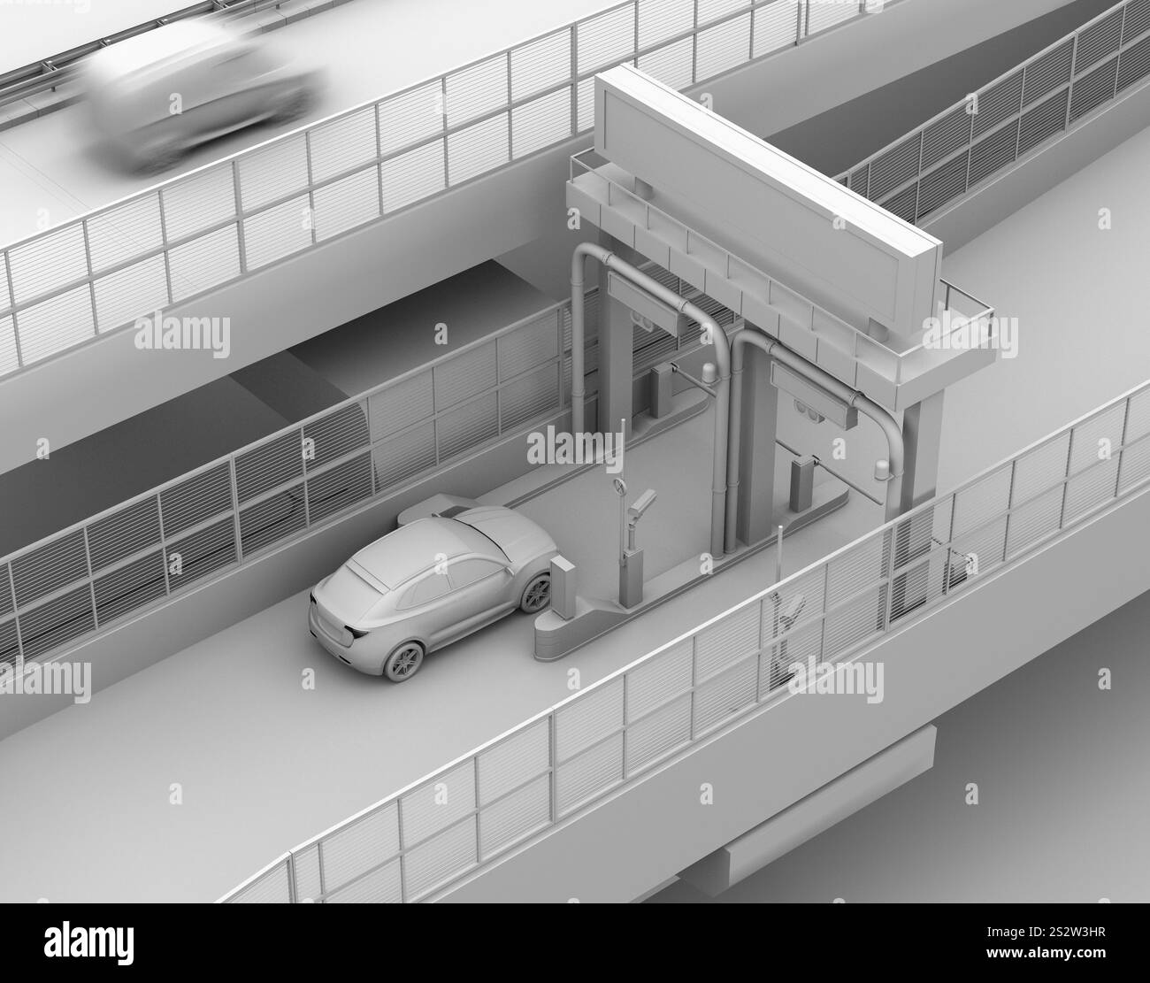 Clay rendered image of an SUV passing through a motorway ETC toll booth ...