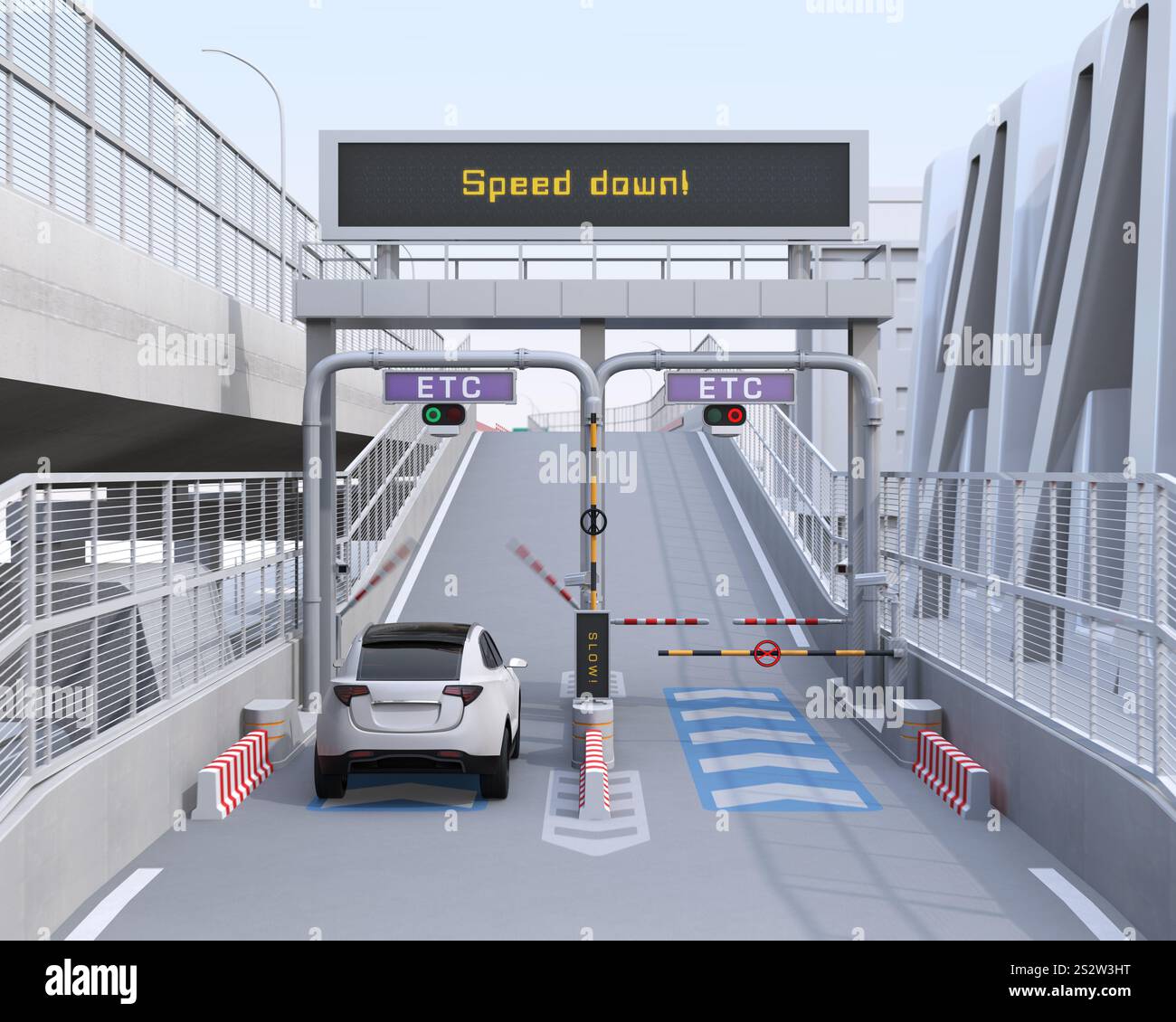 Image of a white SUV passing through a motorway ETC toll booth.ETC toll ...