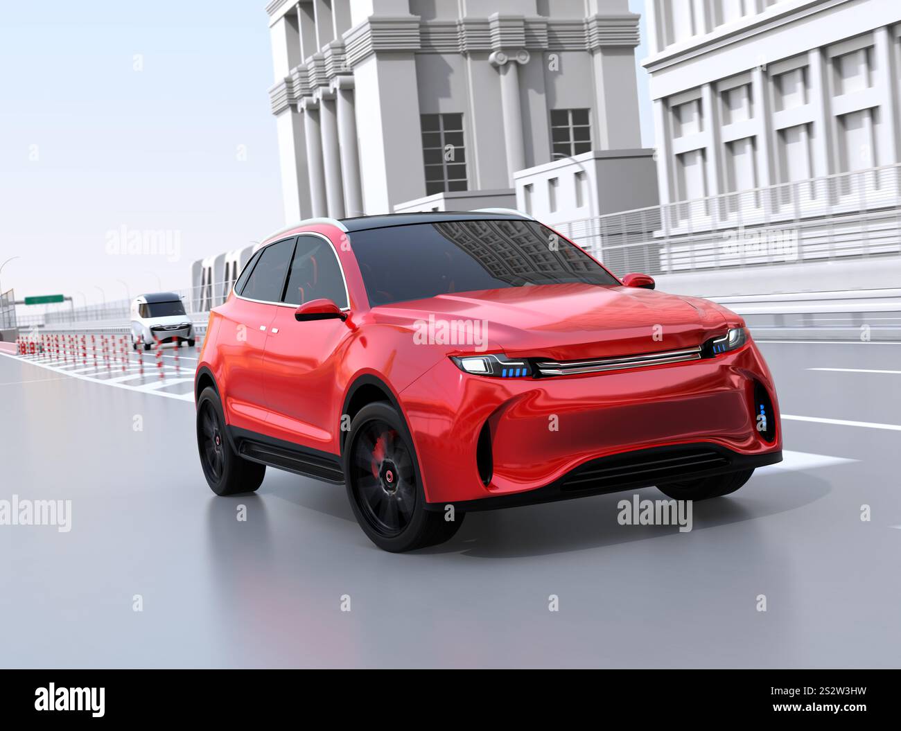 Image of a red SUV passing through an ETC toll booth and joining the ...
