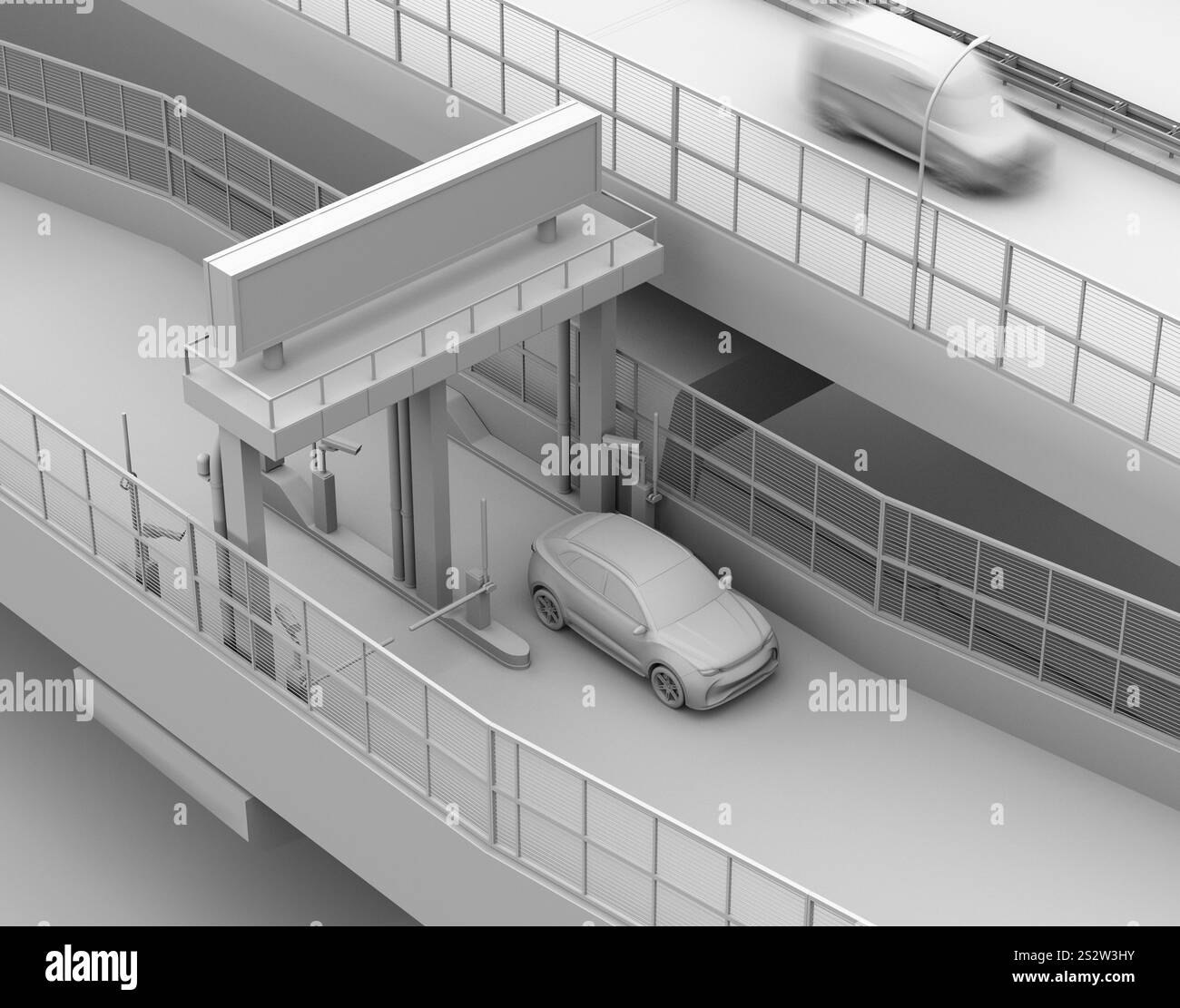Clay rendered image of an SUV passing through a motorway ETC toll booth ...