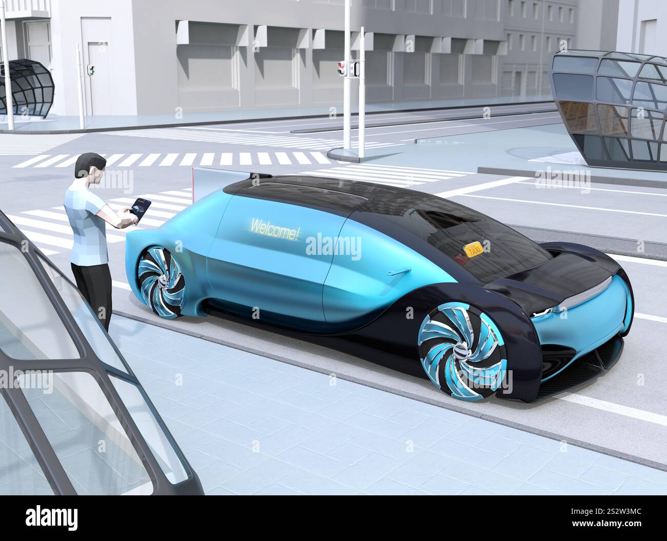 The word ‘Welcome’ on the door of an automated vehicle that came to ...