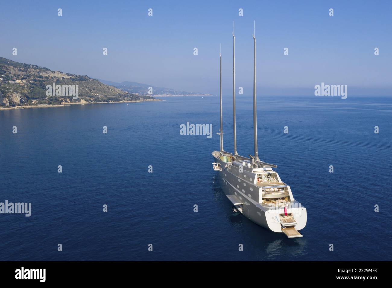 Aerial view 143 metre long three-master Sailing Yacht A, the largest ...