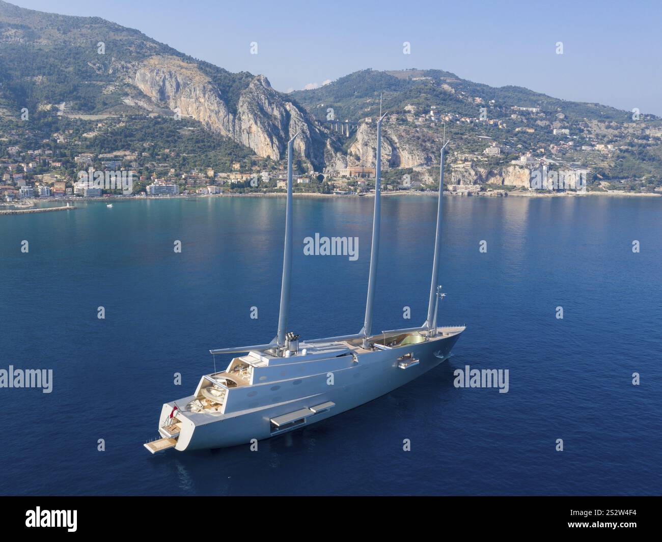 Aerial view 143 metre long three-master Sailing Yacht A, the largest ...