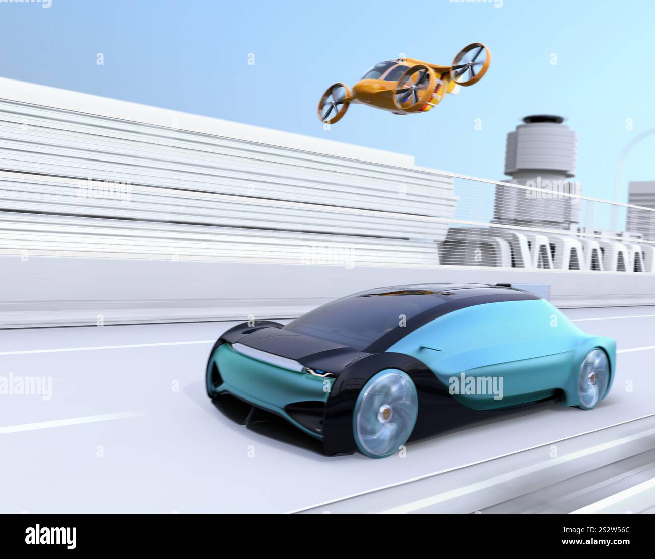Concept image of an automated car and a flying taxi travelling on a ...