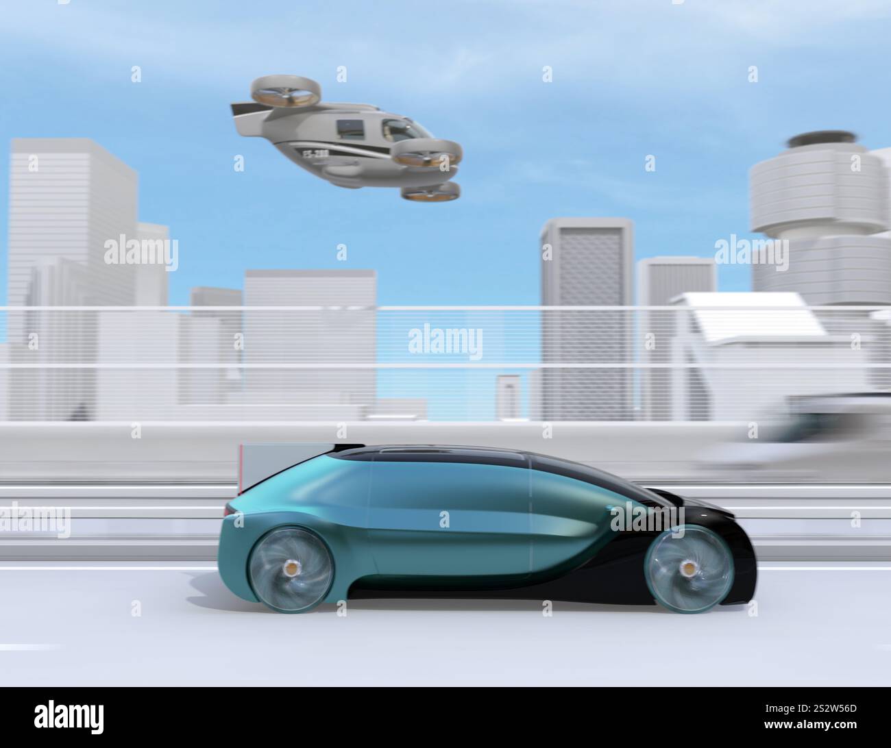 Concept image of an automated car and a flying taxi travelling on a ...