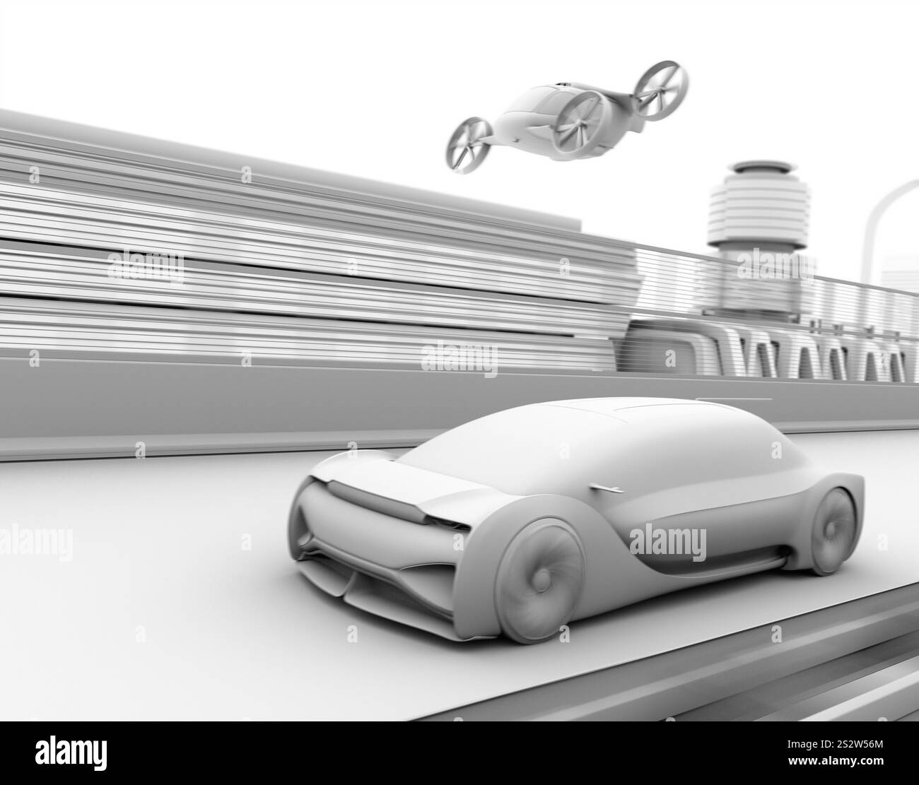 Clay rendered image of an automated luxury saloon and a flying taxi ...