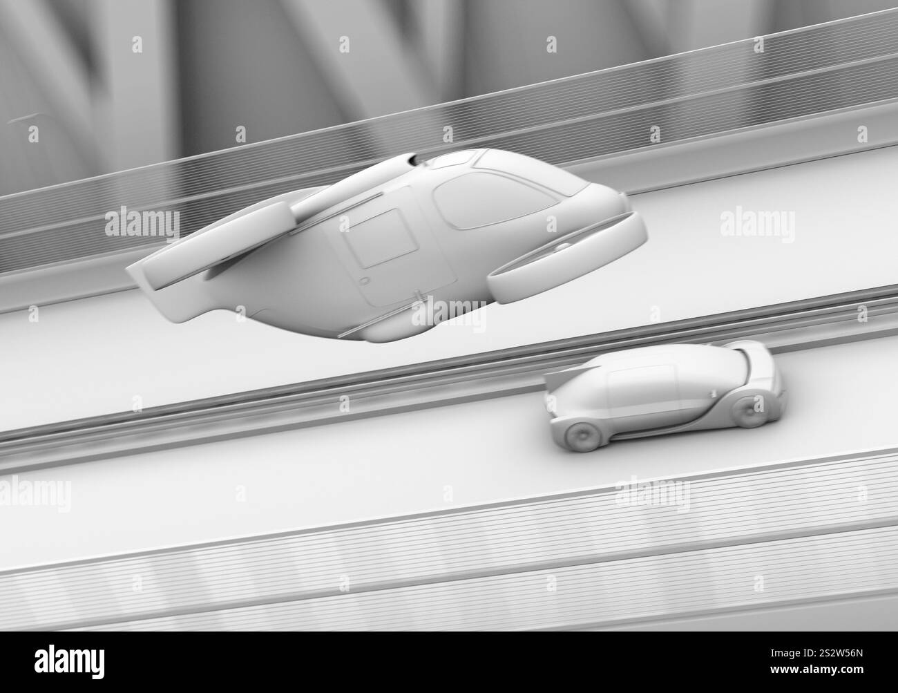Clay rendered image of an automated luxury saloon and a flying taxi ...