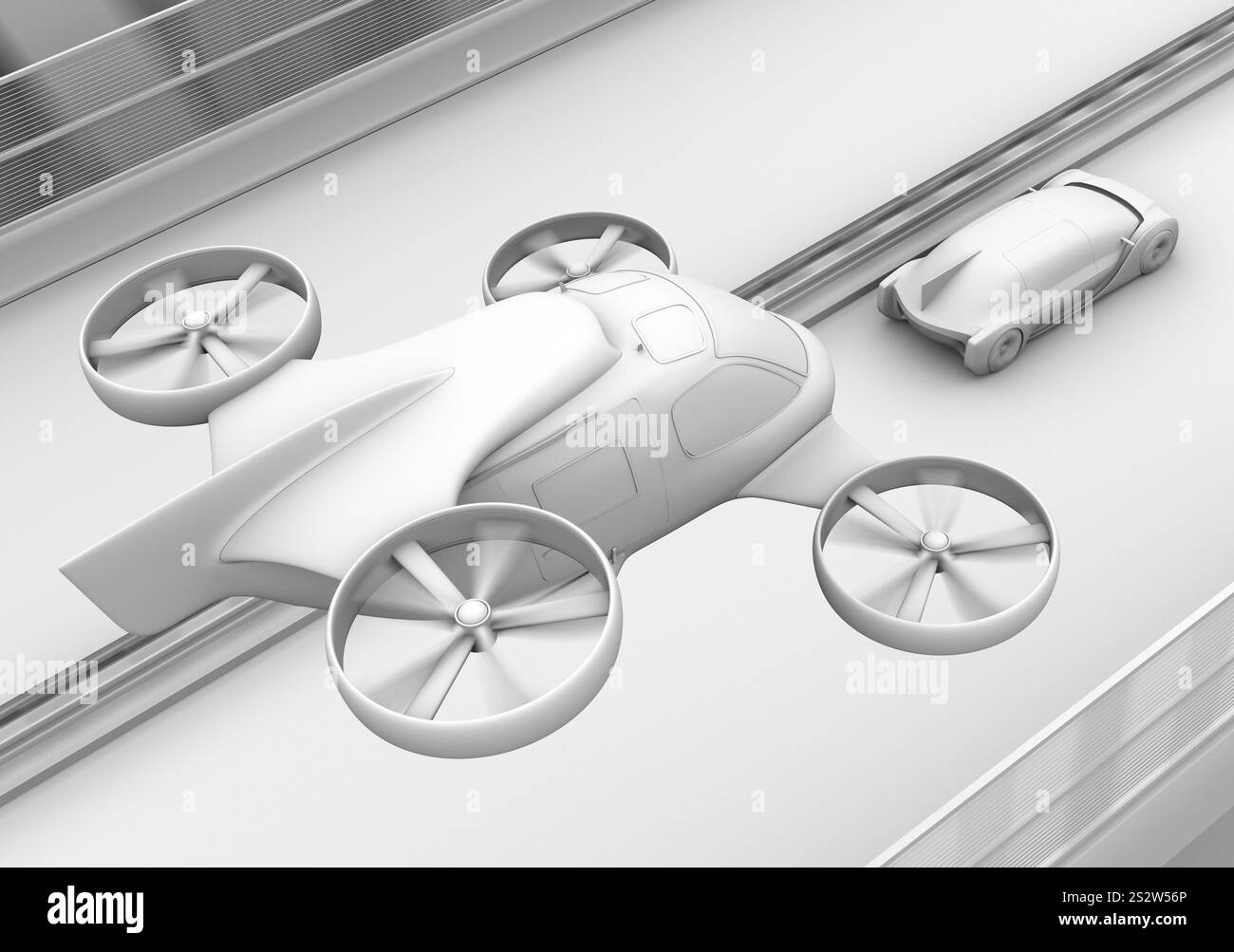 Clay rendered image of an automated luxury saloon and a flying taxi ...