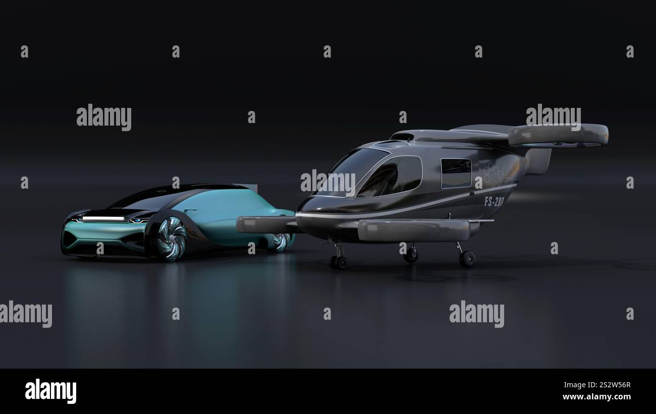 Image of an automated car and a flying taxi on a black background.MaaS ...