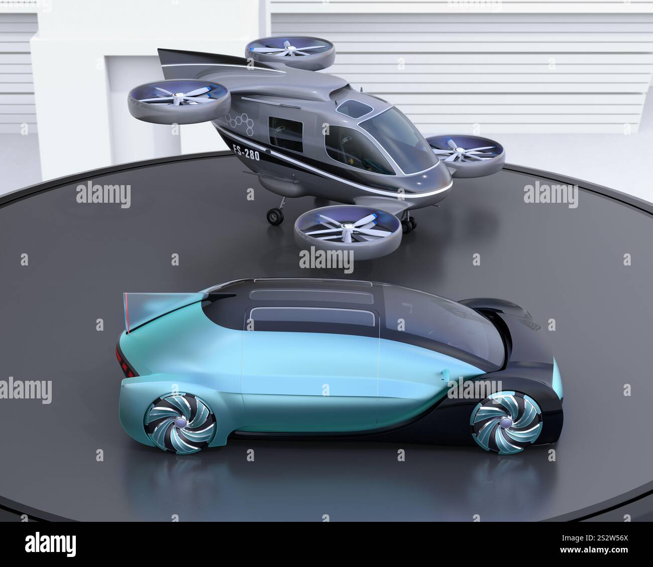 Image of a helipad with an automated vehicle and a flying taxi; MaaS ...
