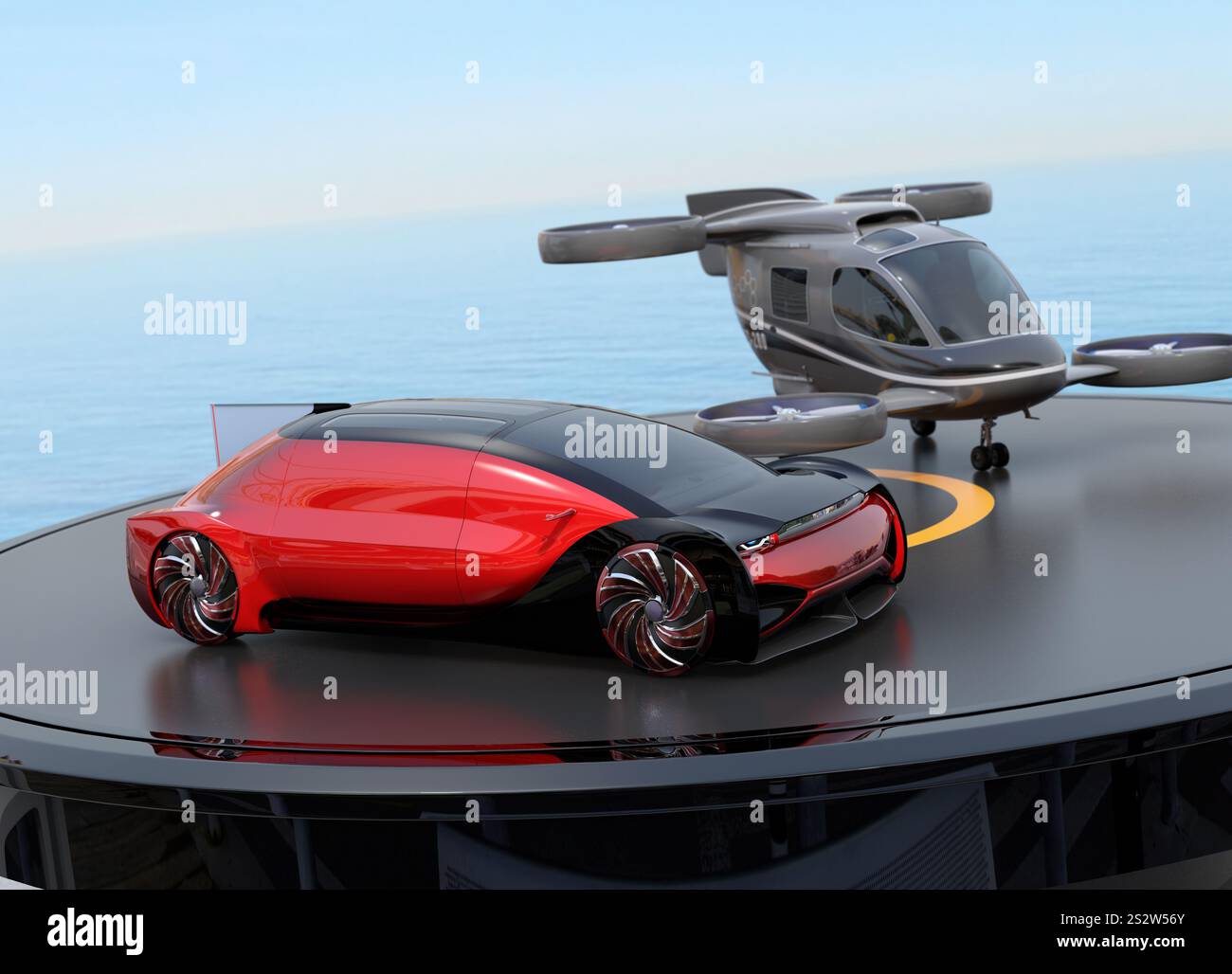 Image of a helipad with an automated vehicle and a flying taxi; MaaS ...