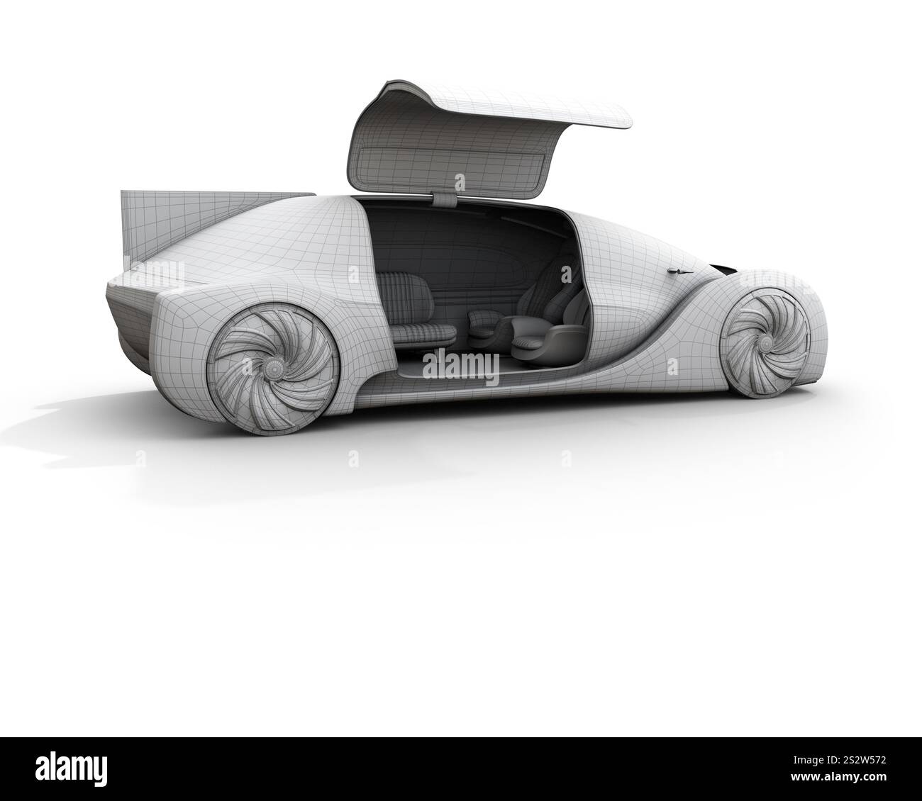 Clay rendering wireframe image of an electric car. With right door open ...