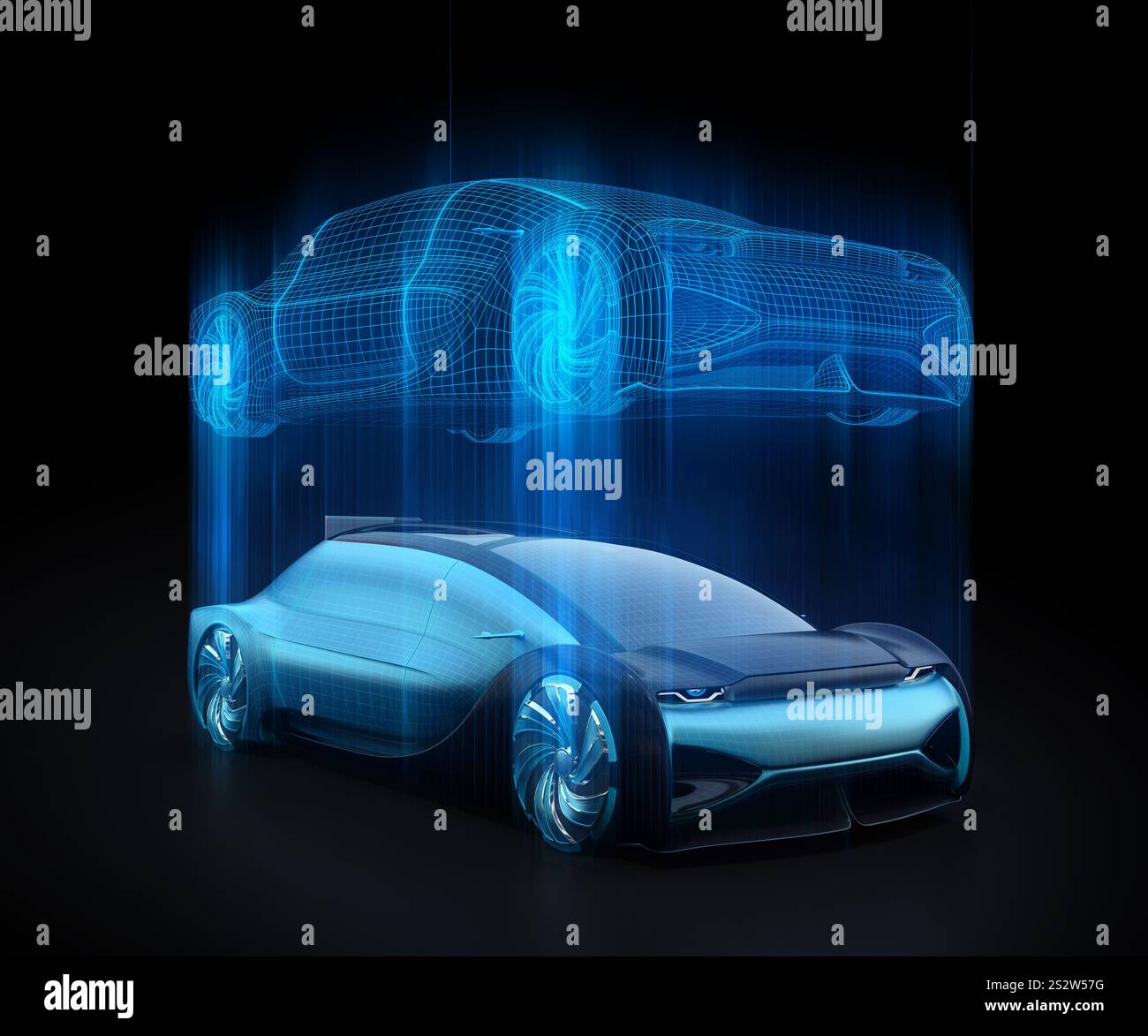 Image of a digital mesh style treated electric vehicle. Digital twin ...