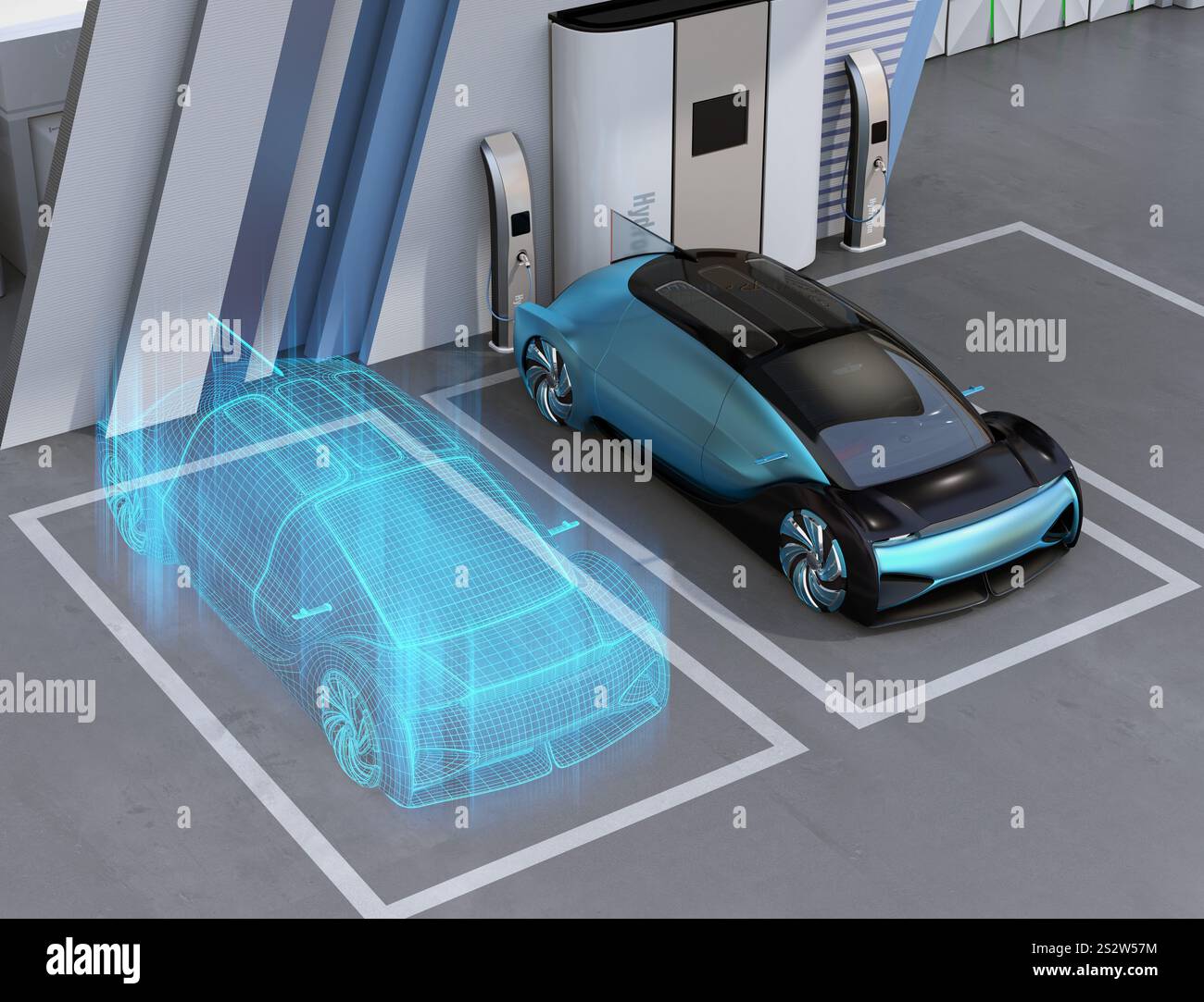 Image of a digital mesh style treated electric vehicle. Digital twin ...