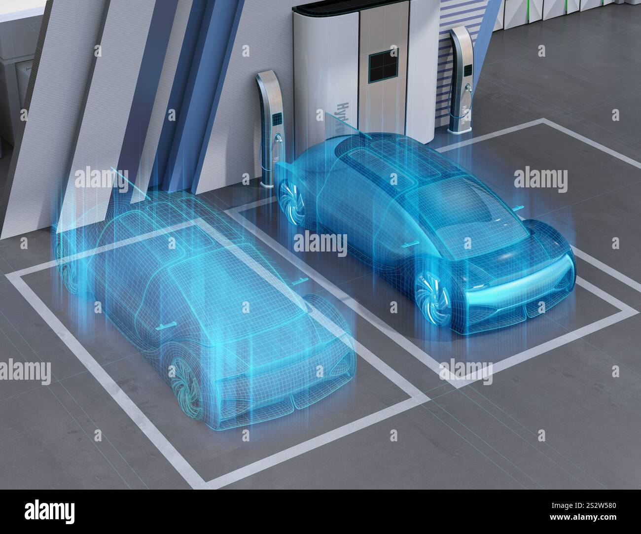 Image of a digital mesh style treated electric vehicle. Digital twin ...